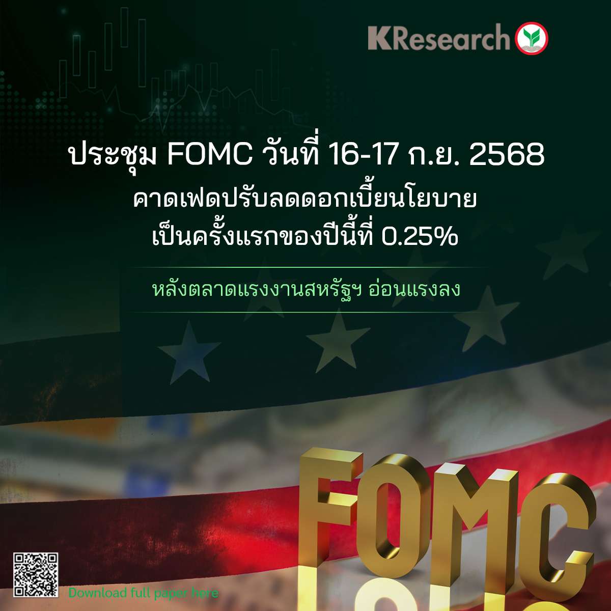 ศูนย์วิจัยกสิกรไทย คาดเฟดปรับลดดอกเบี้ยนโยบาย ลง 0.25% ในที่ประชุม FOMC 16-17 ก.ย. นี้